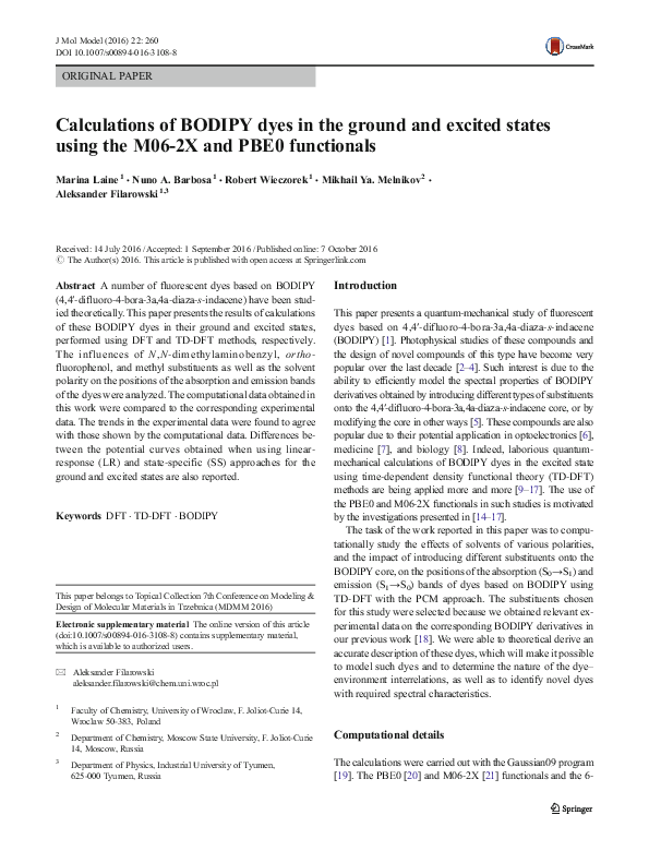 (PDF) Calculations of BODIPY dyes in the ground and excited states ...