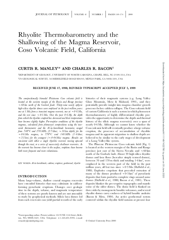 (PDF) Rhyolite Thermobarometry and the Shallowing of the Magma ...