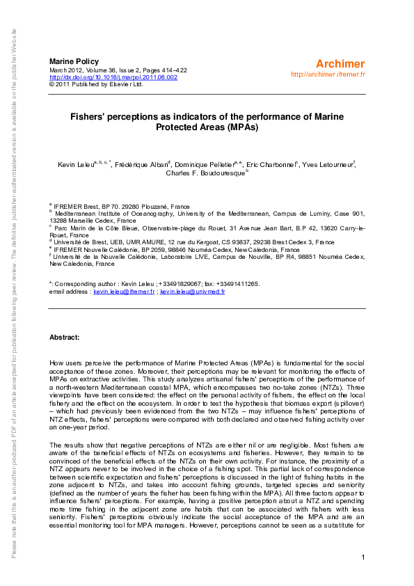 (PDF) Fishers' perceptions as indicators of the performance of Marine ...