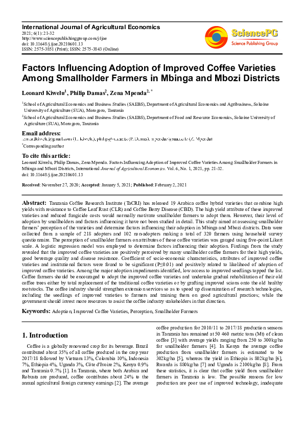 (PDF) Factors Influencing Adoption of Improved Coffee Varieties Among Smallholder Farmers in ...