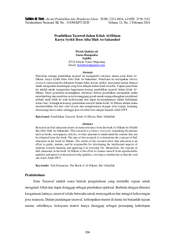 (PDF) Pendidikan Tasawuf dalam Kitab Al-Hikam Karya Syekh Ibnu Atha ...