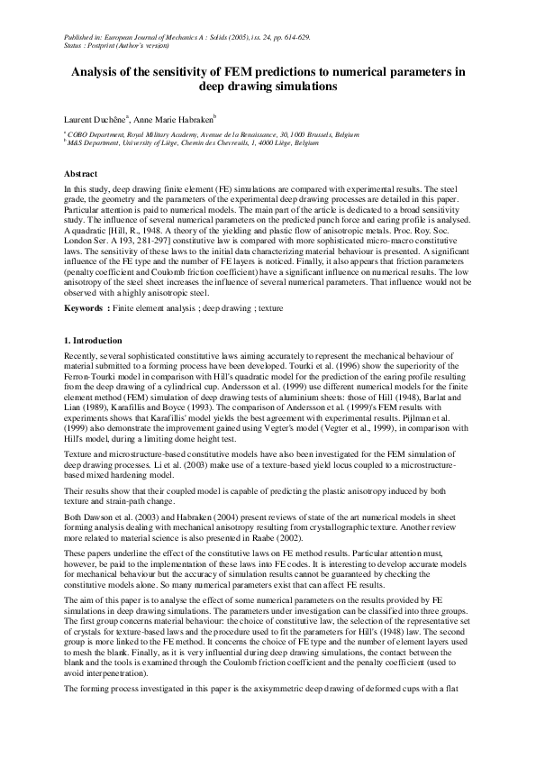 (PDF) Analysis of the sensitivity of FEM predictions to numerical parameters in deep drawing ...