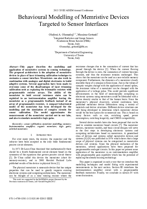 (PDF) Behavioural modelling of memristive devices targeted to sensor interfaces