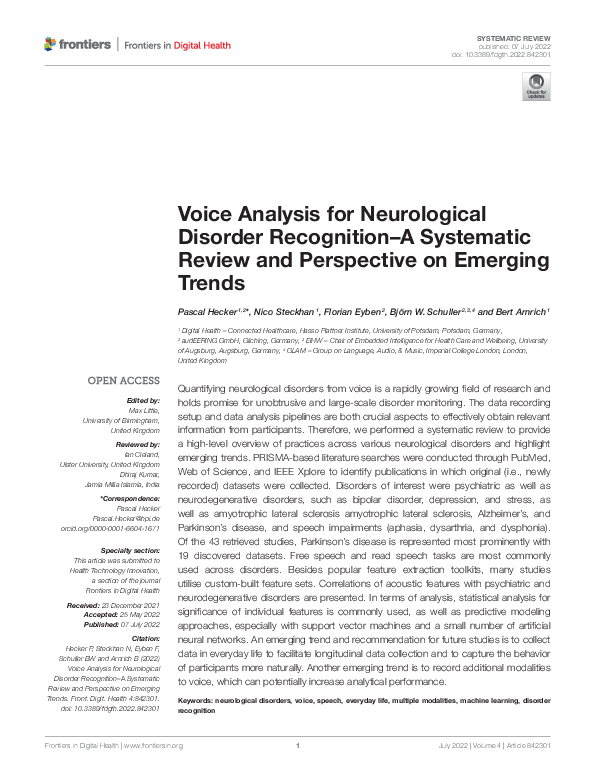 (PDF) Voice Analysis for Neurological Disorder Recognition–A Systematic ...