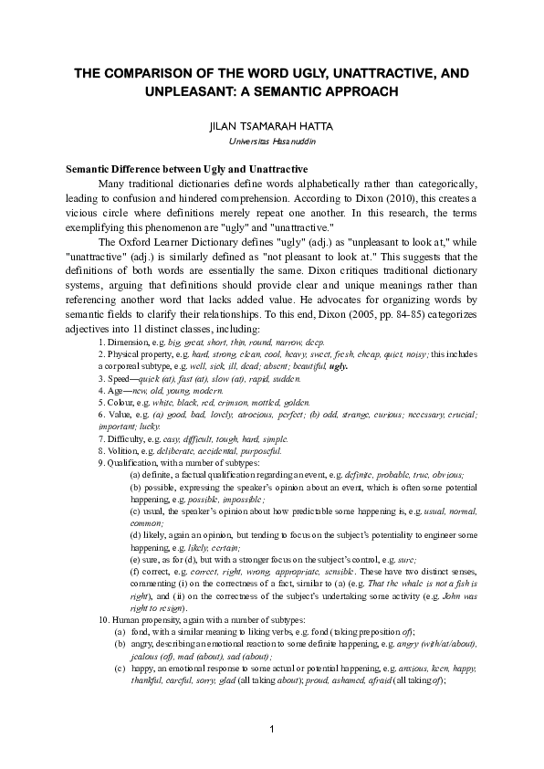 (PDF) THE COMPARISON OF THE WORD UGLY, UNATTRACTIVE, AND UNPLEASANT: A ...