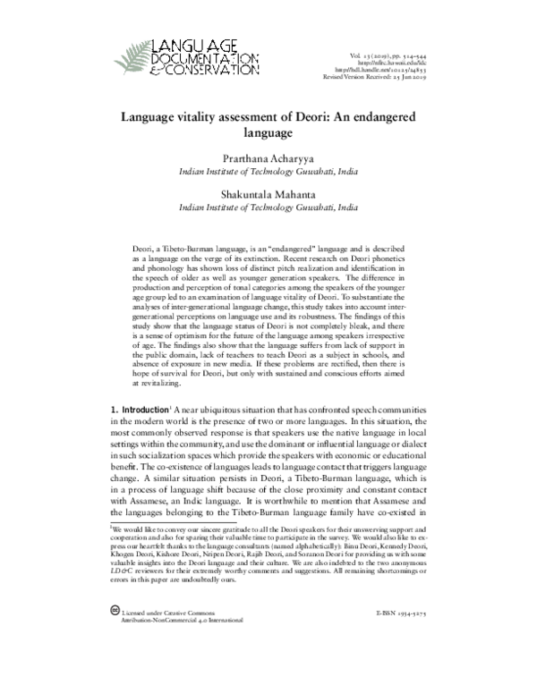 (PDF) Language vitality assessment of Deori: An endangered language