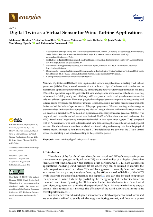 (PDF) Digital Twin as a Virtual Sensor for Wind Turbine Applications