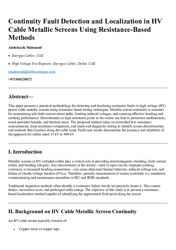 (PDF) Continuity Fault Detection and Localization in HV Cable Metallic ...