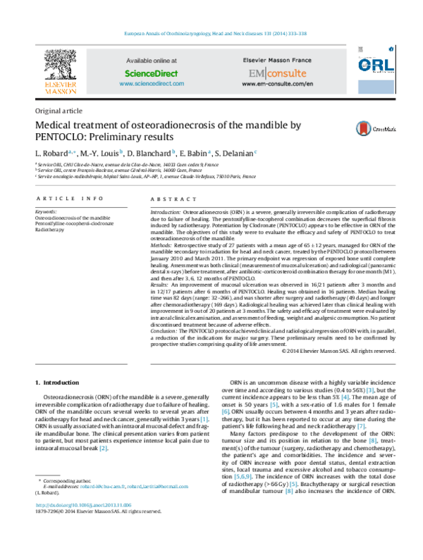 (PDF) Medical treatment of osteoradionecrosis of the mandible by ...