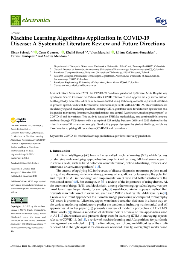 (PDF) Machine Learning Algorithms Application in COVID-19 Disease: A Systematic Literature ...