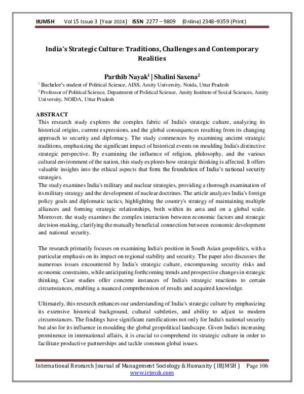 (PDF) India's Strategic Culture: Traditions, Challenges and ...