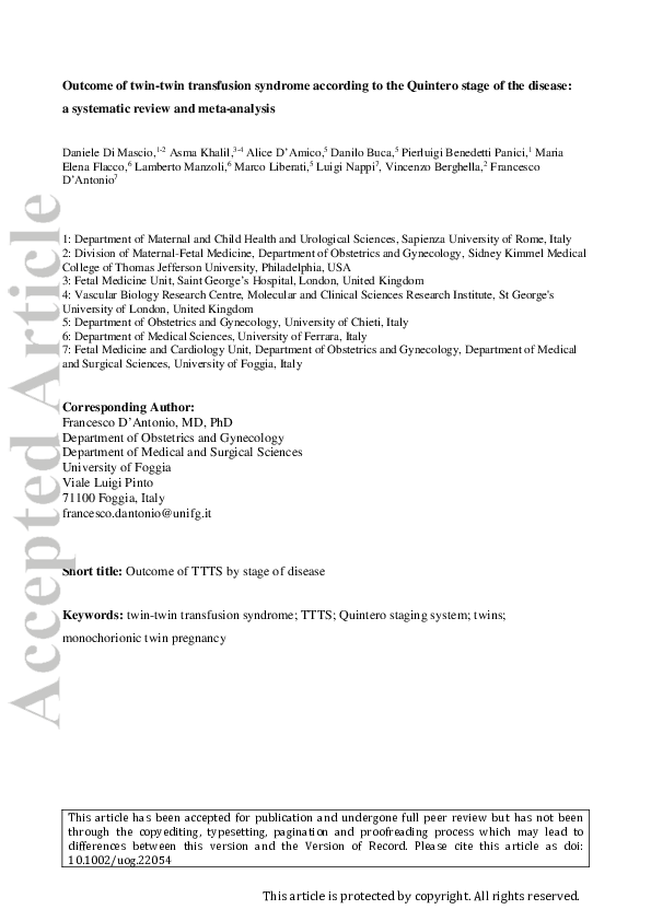 (PDF) Outcome of twin–twin transfusion syndrome according to Quintero ...