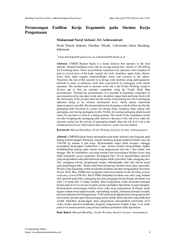 (PDF) Perancangan Fasilitas Kerja Ergonomis pada Stasiun Kerja Pengemasan