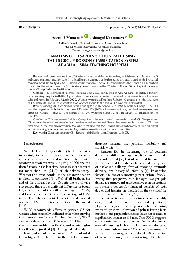 (PDF) Analysis of Cesarean Section Rate Using the 10-GROUP Robson Classification System at Abu ...