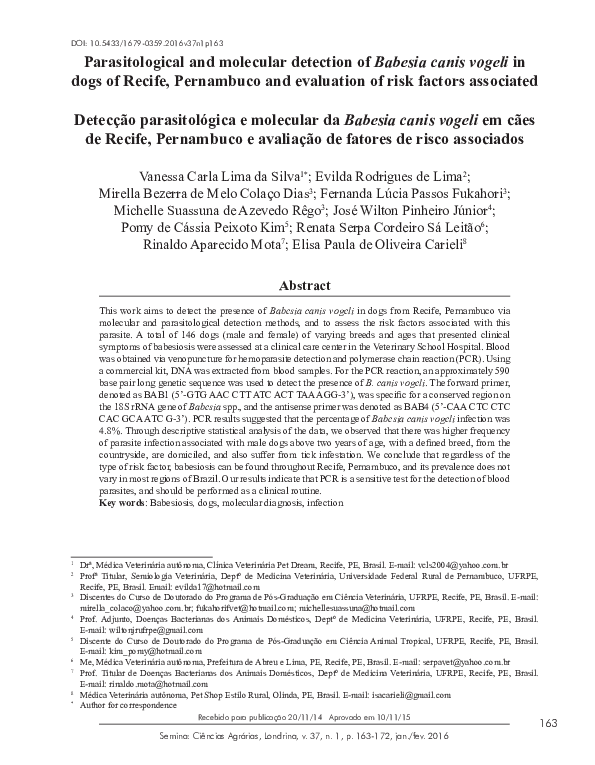 (PDF) Parasitological and molecular detection of Babesia canis vogeli ...