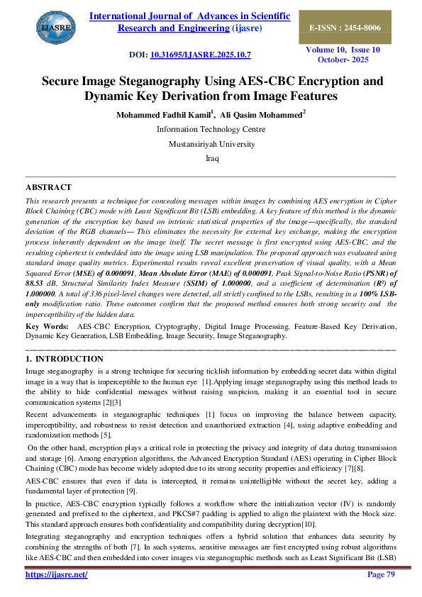 (PDF) Secure Image Steganography Using AES-CBC Encryption and Dynamic Key Derivation from Image ...