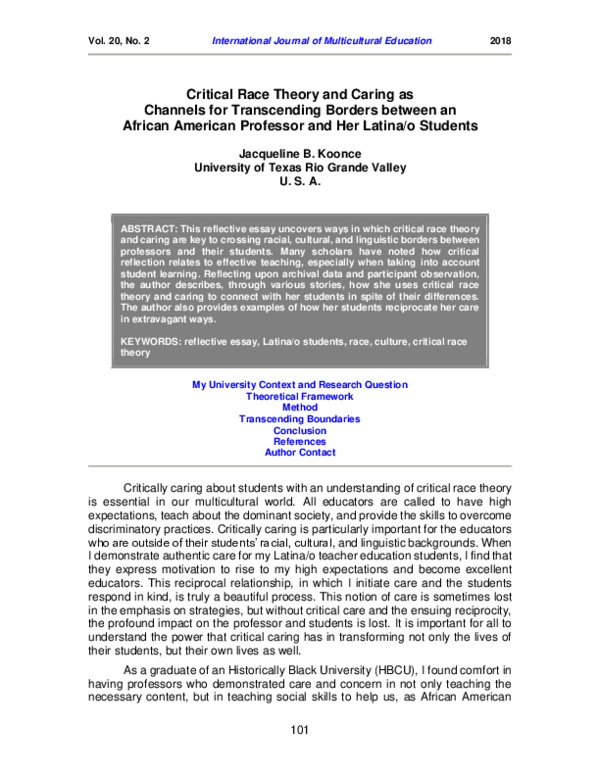 (PDF) Critical Race Theory and Caring as Channels for Transcending ...