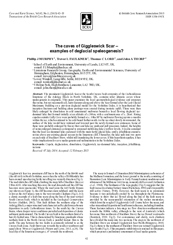 (PDF) The caves of Giggleswick Scar - examples of deglacial speleogenesis?