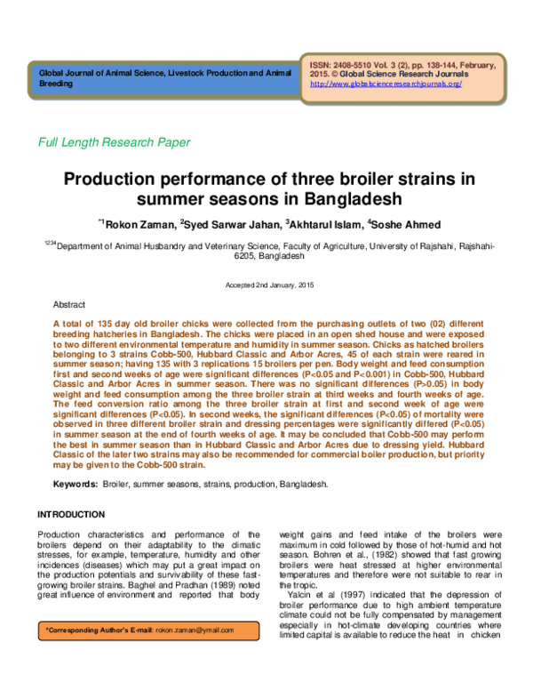 (PDF) Production performance of three broiler strains in summer seasons ...