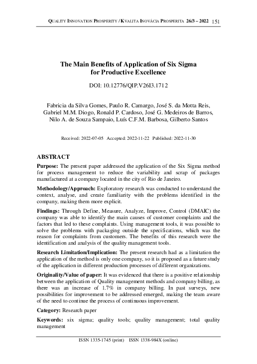(PDF) Main Benefits of Application of Six Sigma for Productive Excellence