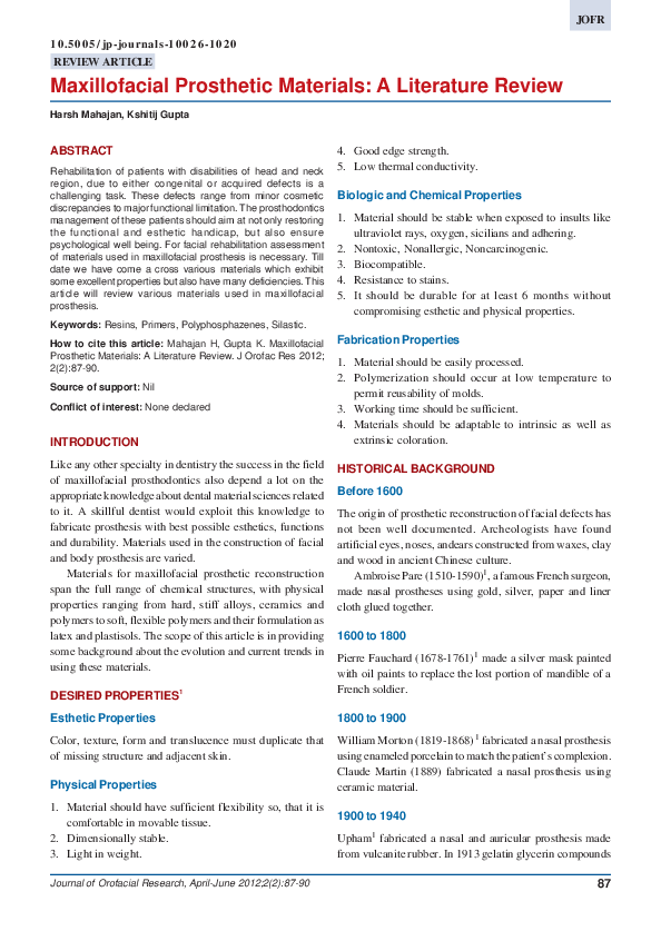 (PDF) Maxillofacial Prosthetic Materials: A Literature Review