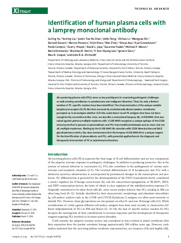 (PDF) Identification of human plasma cells with a lamprey monoclonal ...