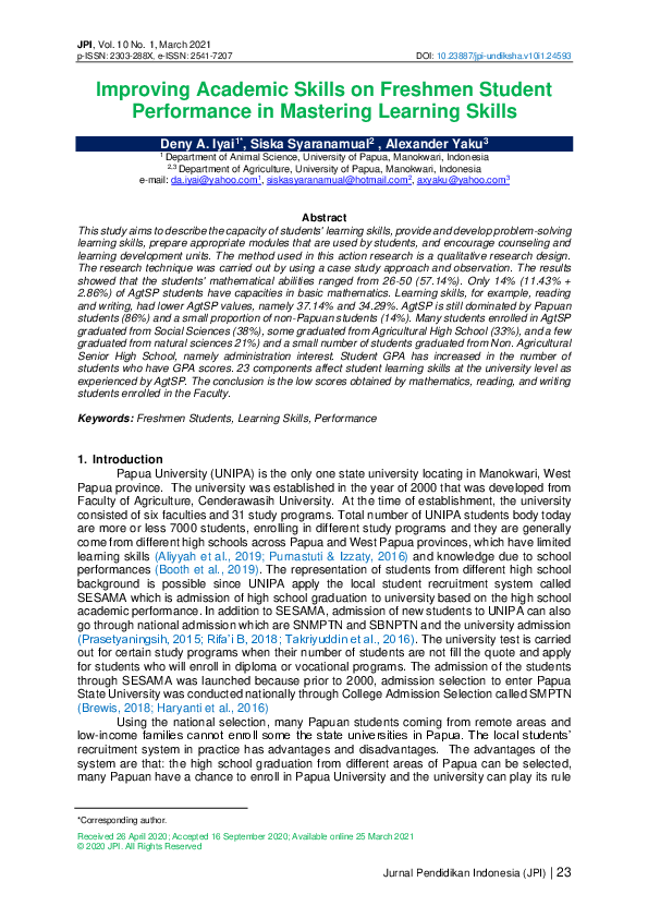 (PDF) Improving Academic Skills on Freshmen Student Performance in ...