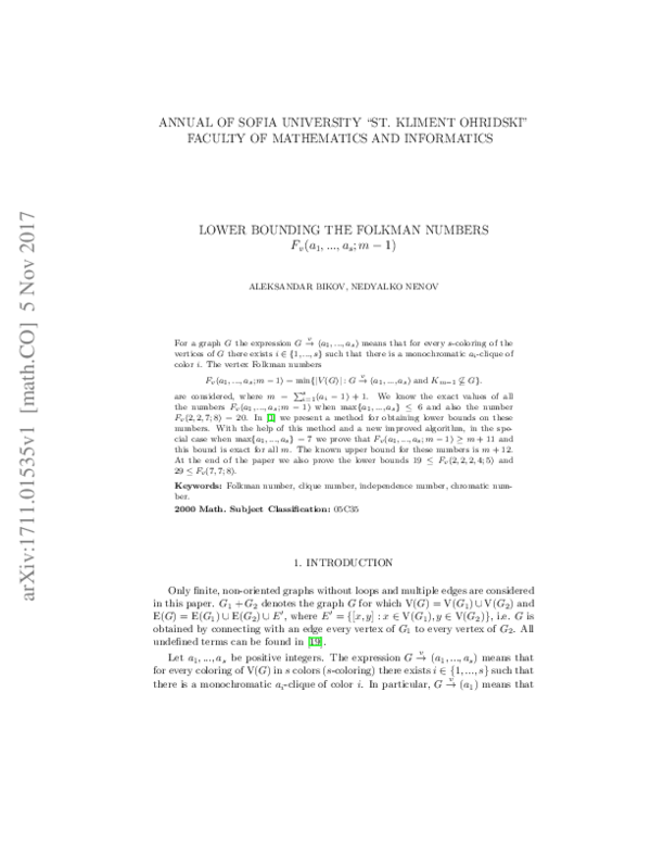 (PDF) Lower bounding the Folkman numbers $F_v(a_1, ..., a_s; m - 1)$