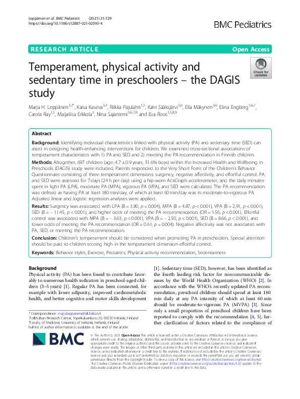(PDF) Temperament, physical activity and sedentary time in preschoolers ...