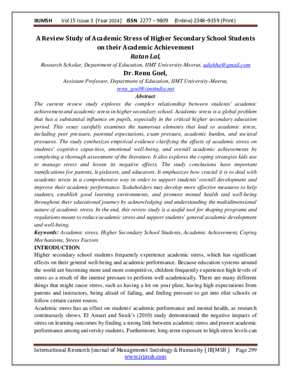 (PDF) A Review Study of Academic Stress of Higher Secondary School ...