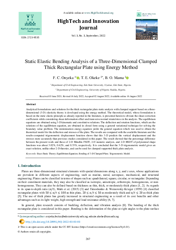 (PDF) Static Elastic Bending Analysis of a Three-Dimensional Clamped ...