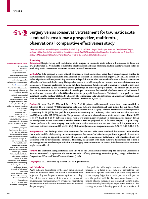(PDF) Surgery versus conservative treatment for traumatic acute ...