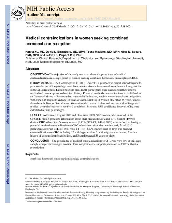 (PDF) Medical contraindications in women seeking combined hormonal ...