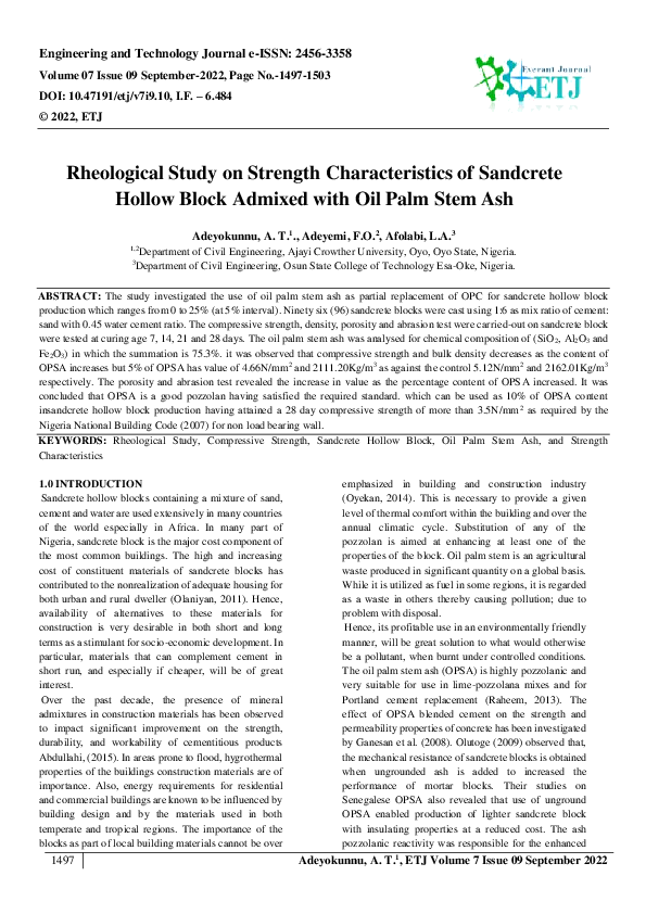 (PDF) Rheological Study on Strength Characteristics of Sandcrete Hollow ...