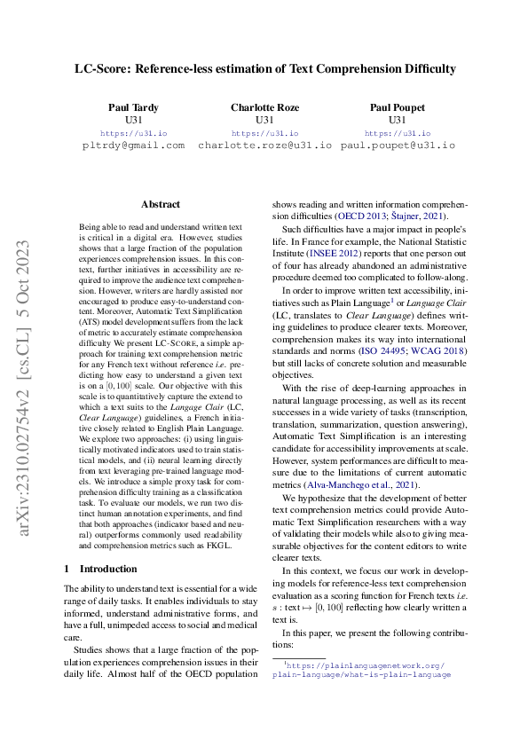 (PDF) LC-Score: Reference-less estimation of Text Comprehension Difficulty