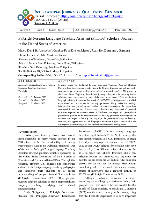 (PDF) Fulbright Foreign Language Teaching Assistant (Filipino) Scholars ...