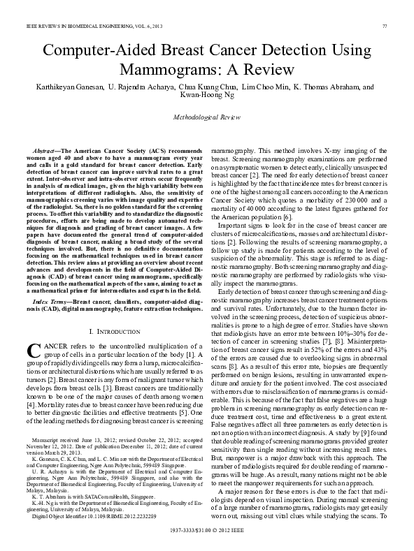 (PDF) Computer-Aided Breast Cancer Detection Using Mammograms: A Review