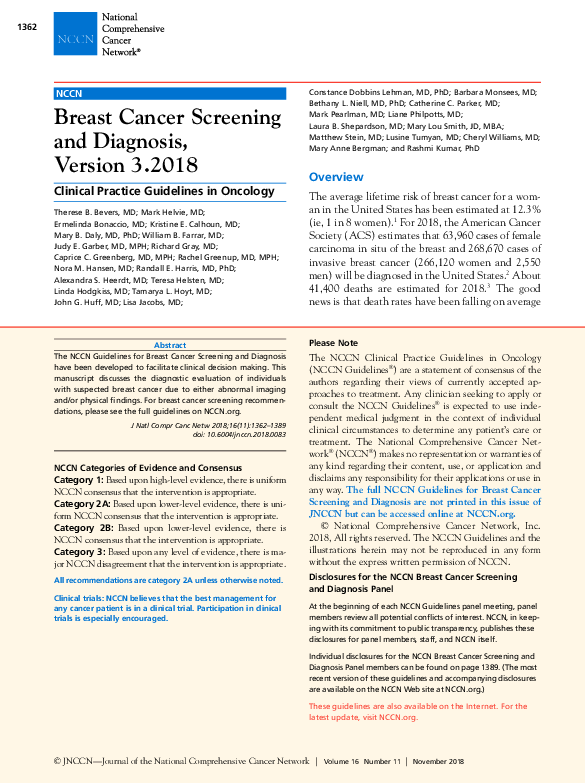 (PDF) Breast Cancer Screening and Diagnosis, Version 3.2018, NCCN ...
