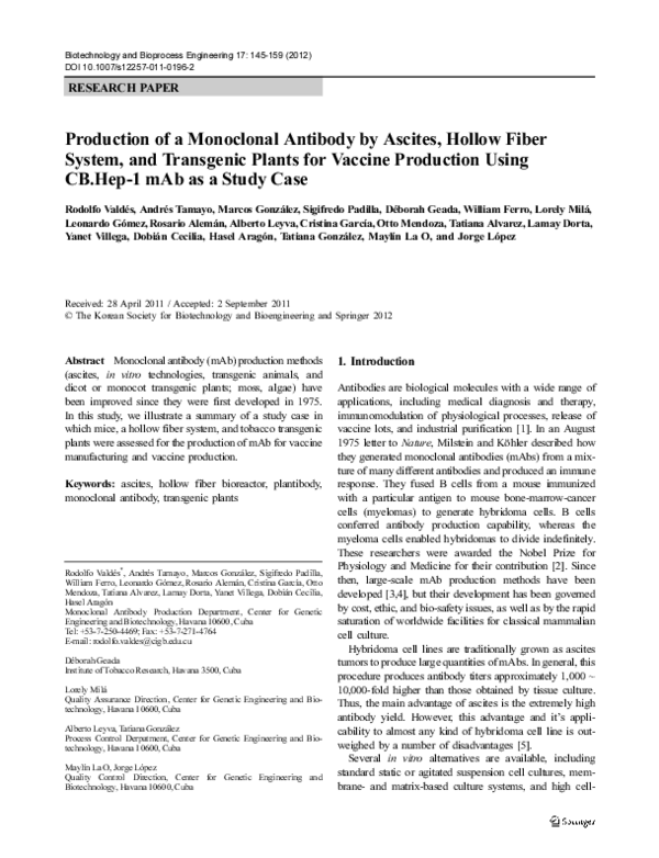 (PDF) Production of a monoclonal antibody by ascites, hollow fiber ...