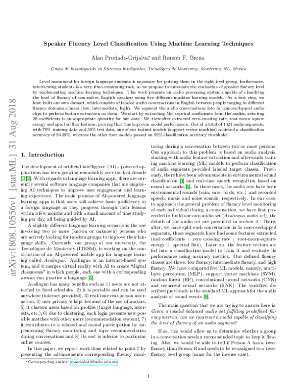 (PDF) Speaker Fluency Level Classification Using Machine Learning Techniques