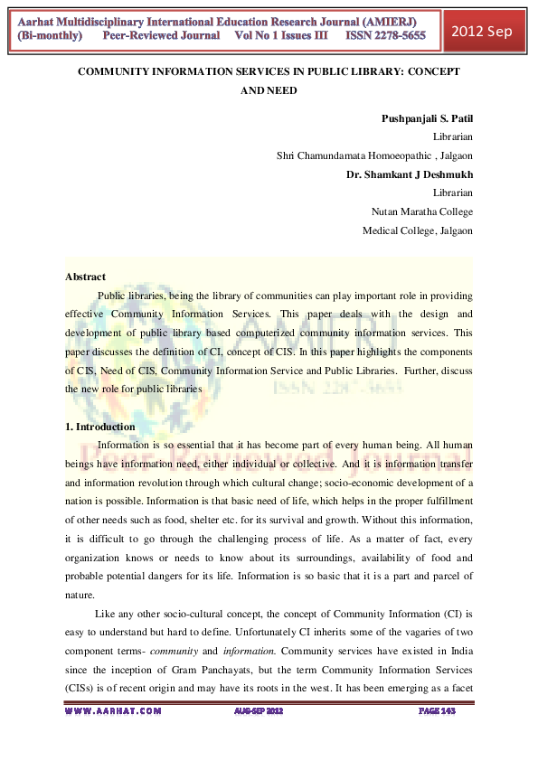 (PDF) Community Information Services in Public Library: Concept and Need