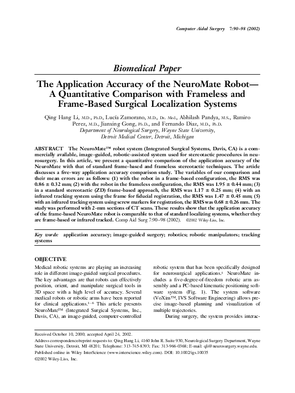 (PDF) The application accuracy of the NeuroMate robot - a quantitative ...