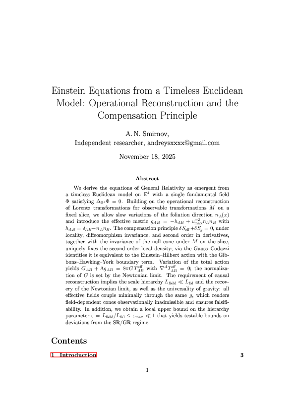 (PDF) Einstein Equations from a Timeless Euclidean Model: Operational ...