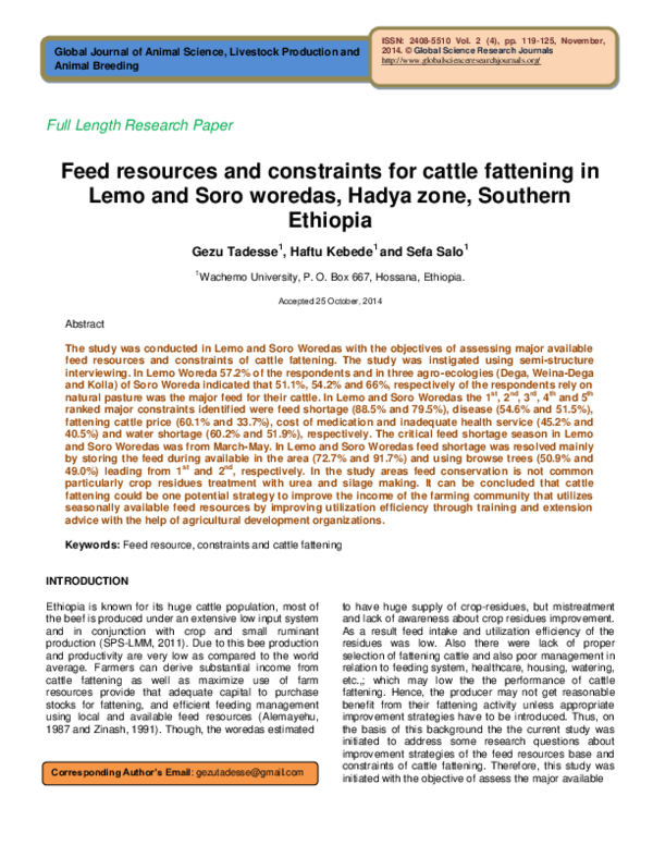 (PDF) Feed resources and constraints for cattle fattening in Lemo and ...