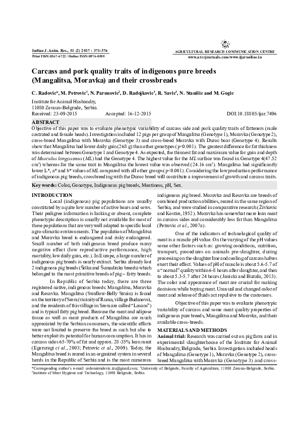 (PDF) Carcass and pork quality traits of indigenous pure breeds ...