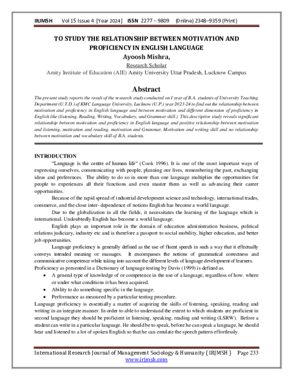 (PDF) TO STUDY THE RELATIONSHIP BETWEEN MOTIVATION AND PROFICIENCY IN ...