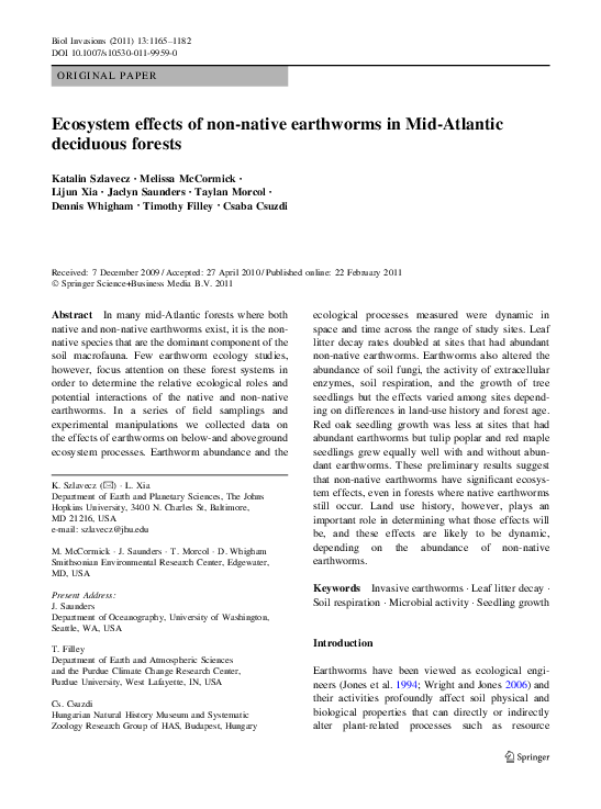 (PDF) Ecosystem effects of non-native earthworms in Mid-Atlantic ...