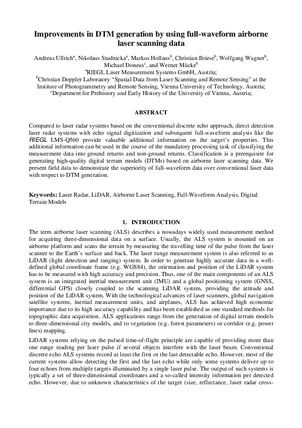 (PDF) Improvements In DTM Generation by Using Full-Waveform Airborne Laser Scanning Data