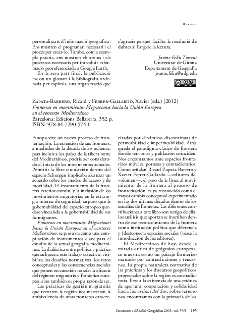 (PDF) Ricard ZAPATA-BARRERO y Xavier FERRER-GALLARDO (eds. ), Fronteras ...