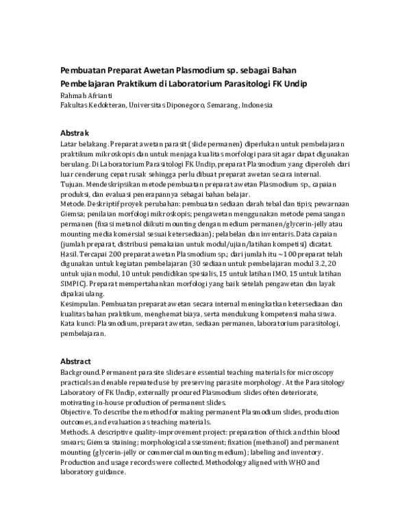 (PDF) Pembuatan Preparat Awetan Plasmodium sp. sebagai Bahan ...